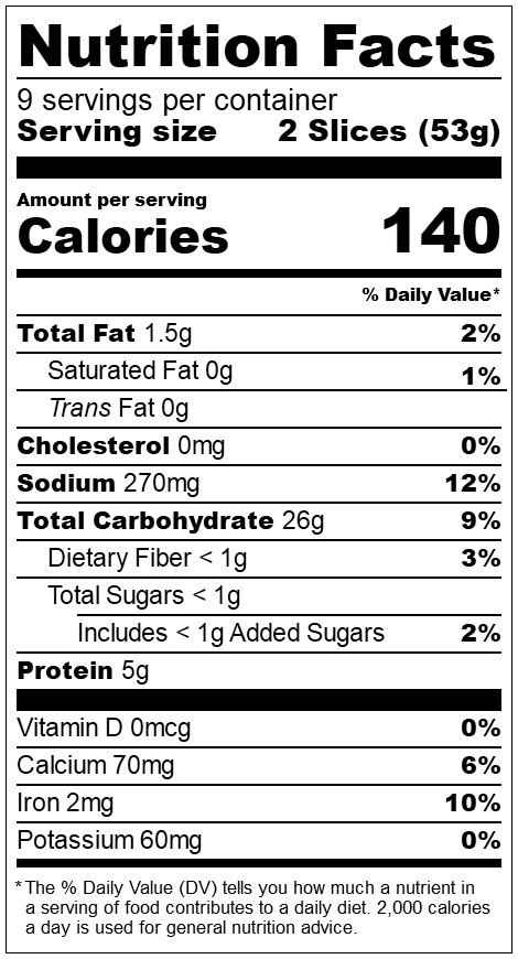 White Bread Nutrition Label